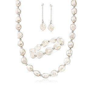 Ross-Simons 11-12mm Cultured Baroque Pearl and Sterling Silver Jewelry Set: Earrings, Bracelet and Necklace. 18 inches