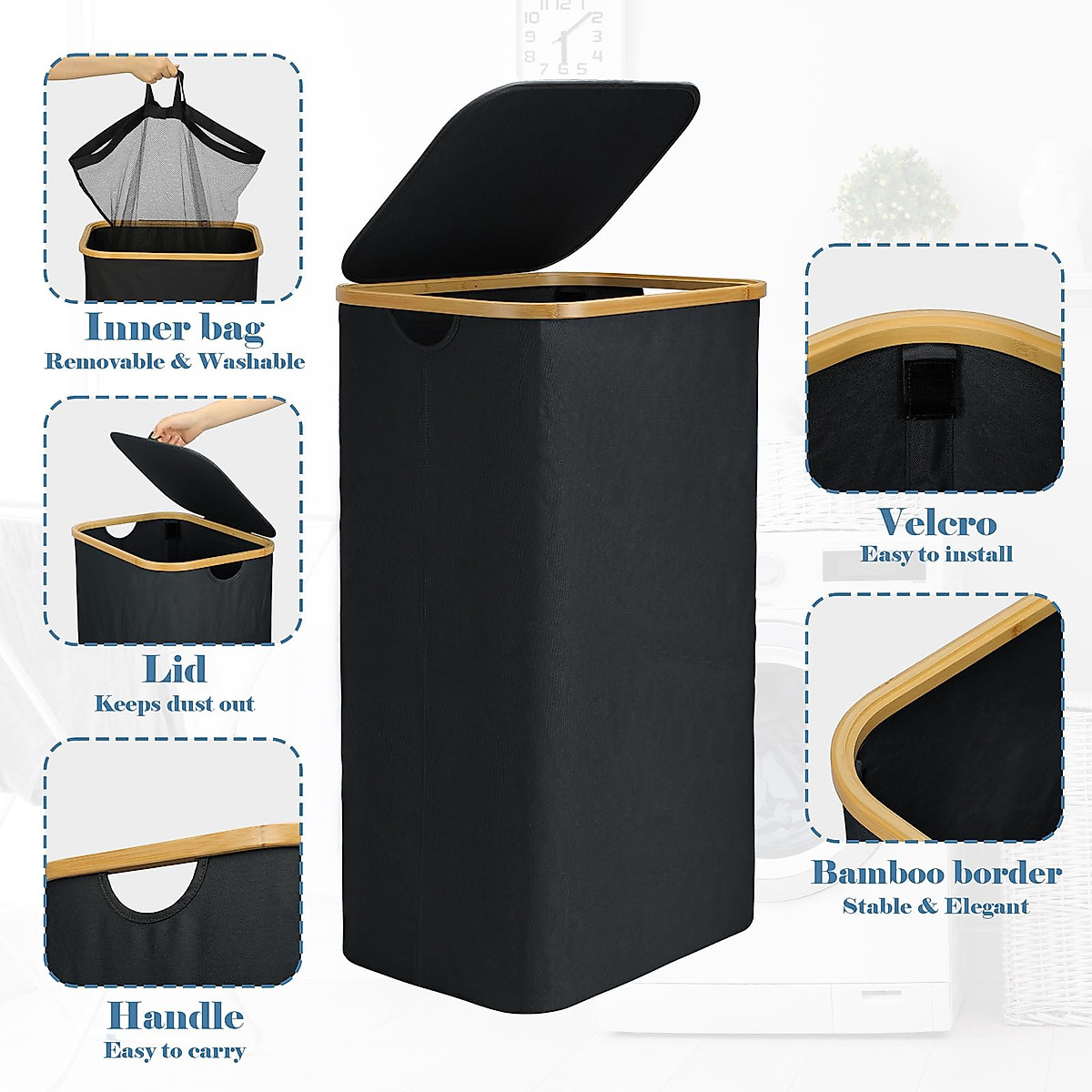 Bellzacasa Laundry Hamper with Lid, 110L Large Hampers for Laundry with Bamboo Handles and Removable Laundry Bag, Foldable Laundry Baskets with Lid for Bedroom Bathroom Tall Laundry Bin (Black)