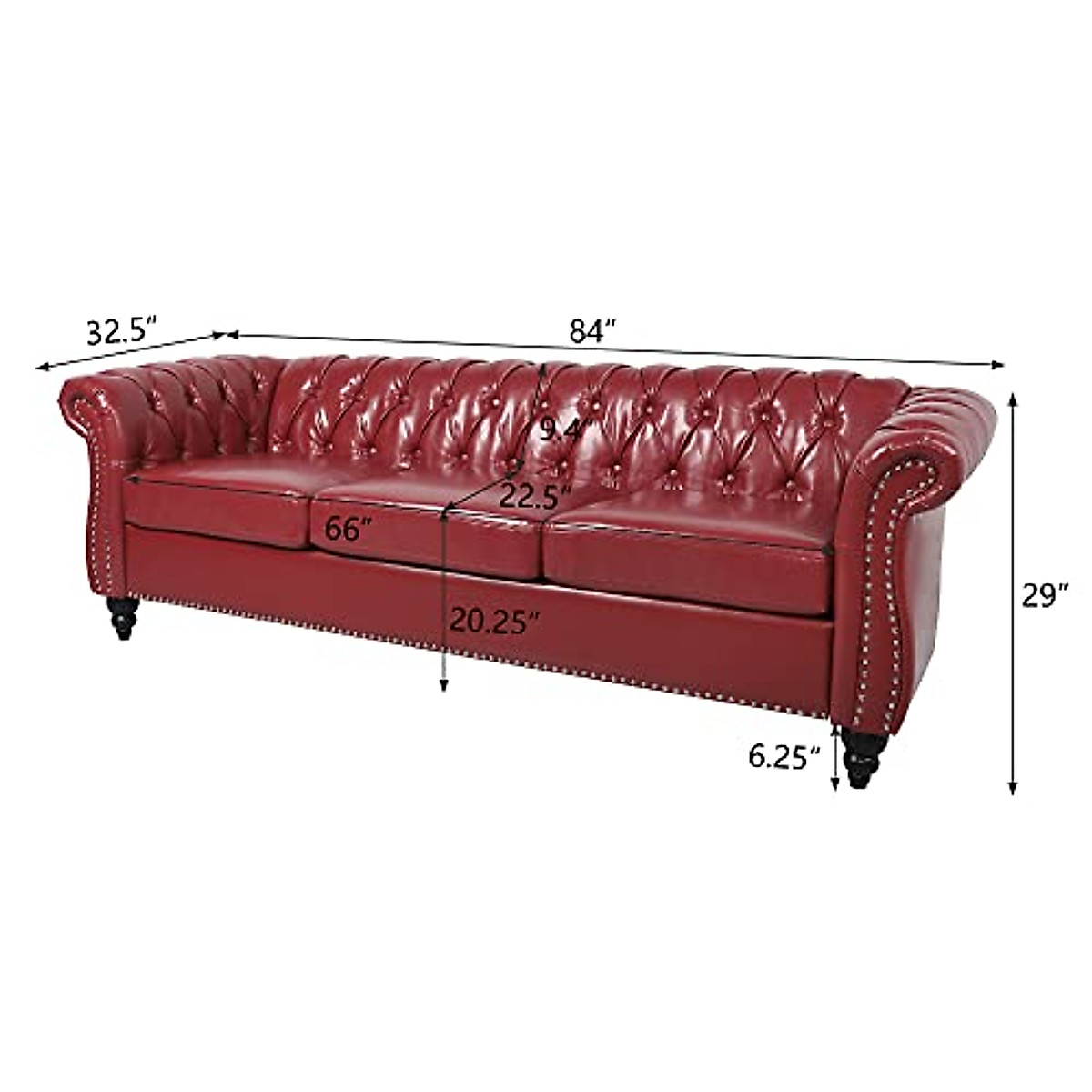 wirrytor Chesterfield Classic Sofa, Modern Leather 3 Seater Sofa, Upholstered Tufted Back Settee Couch with Rolled Arms Nailhead Trim for Living Room Bedroom(Burgundy)