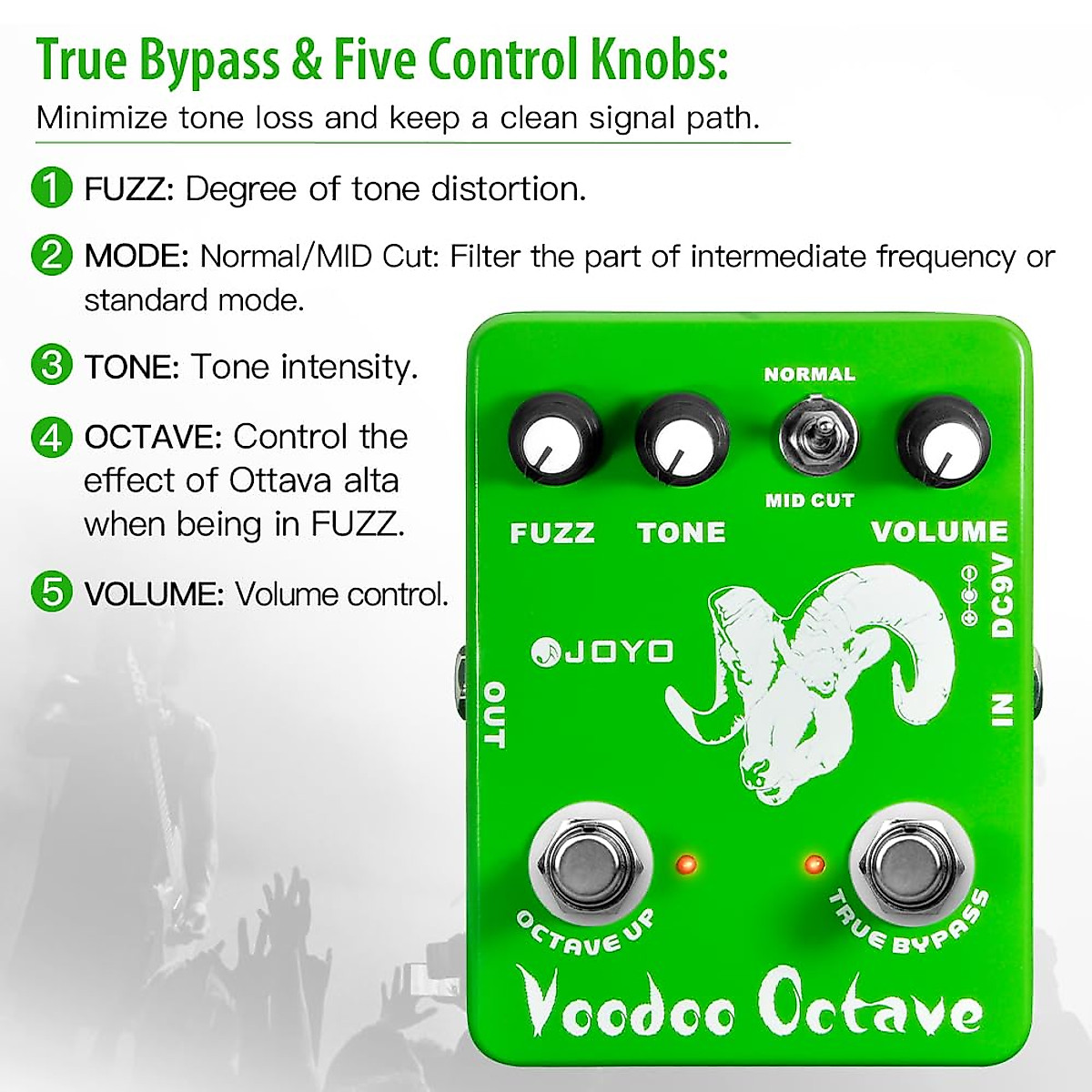 JOYO Octave Fuzz Pedal, Germanium Fuzz 60's Rock Effect - JF-12, Green White, Electric Guitar