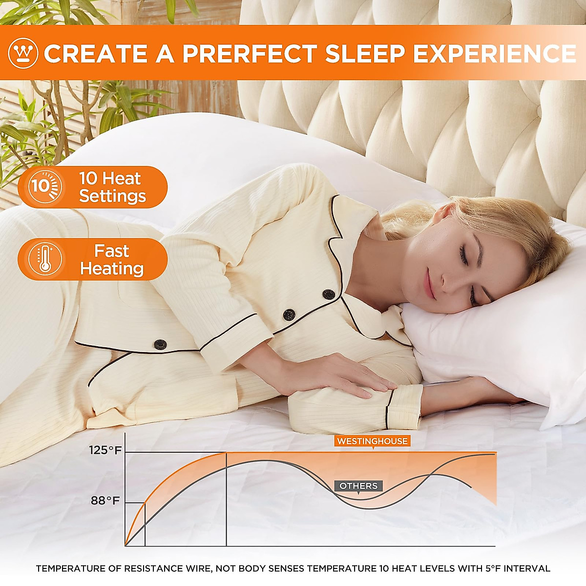 Westinghouse Heated Mattress Pad Queen, Comfortable Electric Mattress Pad with 10 Heating Settings & 1-12 Hours Auto Shut Off, Fit Up to 17" Deep Pocket, Queen Size 60"x80"