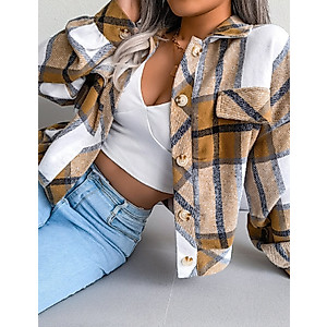 Gihuo Women' s Cropped Shacket Plaid Jacket Button Down Flannel Shirts Outerwear(Khaki-Large)
