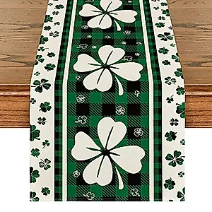 Artoid Mode Green Clover Buffalo Plaid Shamrocks St.Patrick's Day Table Runner, Seasonal Kitchen Dining Table Decoration for Indoor Home Party 13x72 Inch