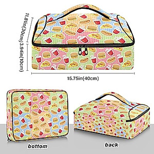Kcldeci Insulated Thermal Food Carrier Insulated Casserole Carrier for Hot or Cold Food,Cartoon Pizza Burgers and Hot Dogs Insulated Tote Bag for Potluck Cookouts Parties Picnic,Lasagna Lugger