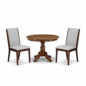 East West Furniture HBLA3-AWA-05 3 Piece Dining Room Furniture Set Contains a Round Dining Table with Pedestal and 2 Grey Linen Fabric Upholstered Chairs, 42x42 Inch, Walnut