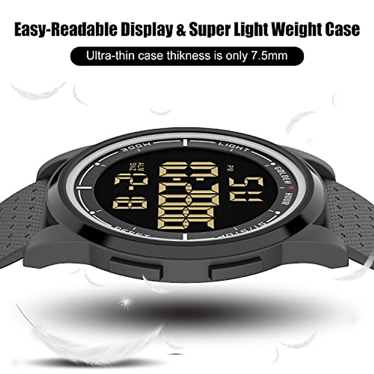 GOLDEN HOUR Ultra-Thin Minimalist Sports Waterproof Digital Watches Men with Wide-Angle Display Rubber Strap Wrist Watch for Men Women in Black