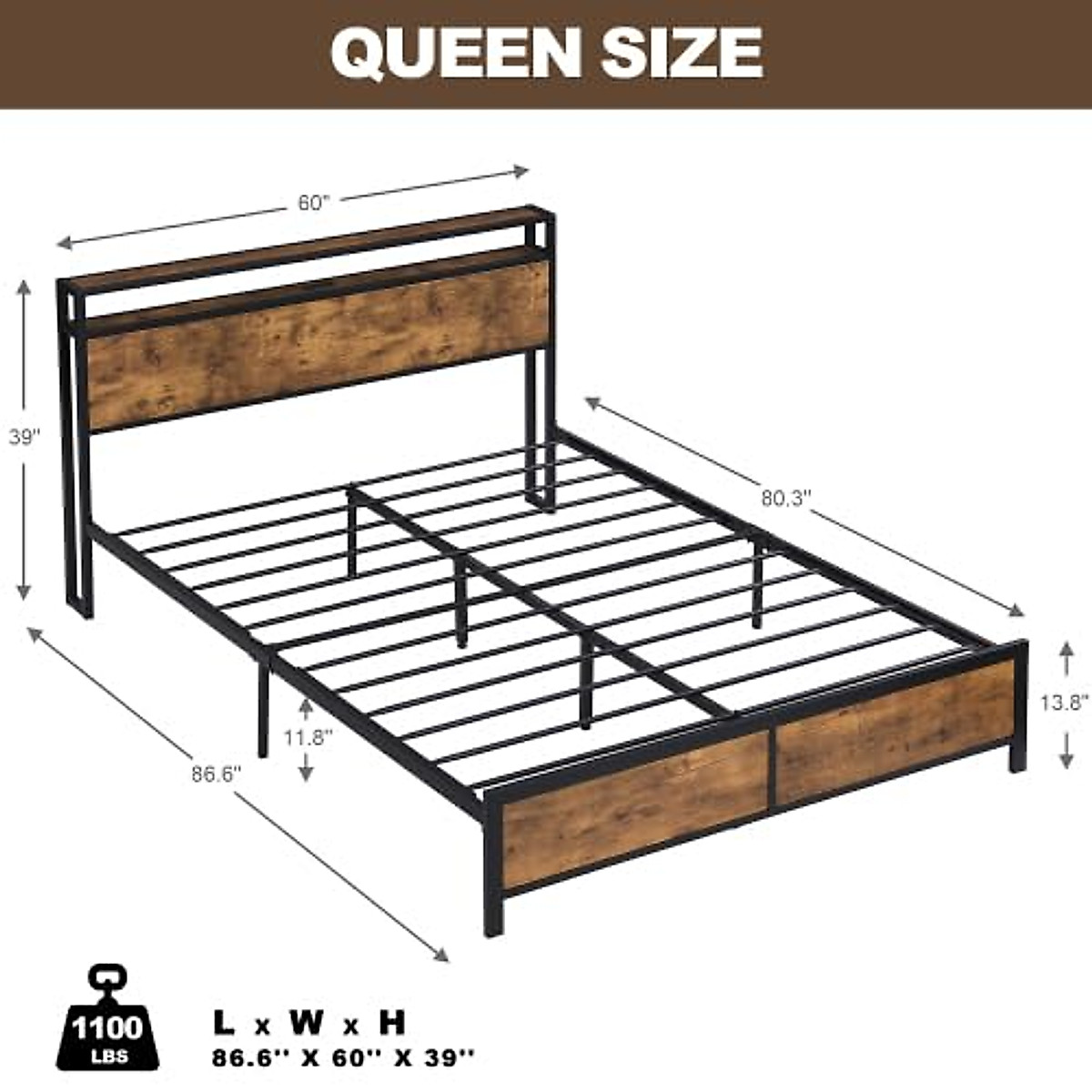anwickjeff Modern Industrial Queen Bed Frame with LED Lights, Storage Headboard and USB Ports, Queen Size, 800lbs Capacity, Rustic Brown