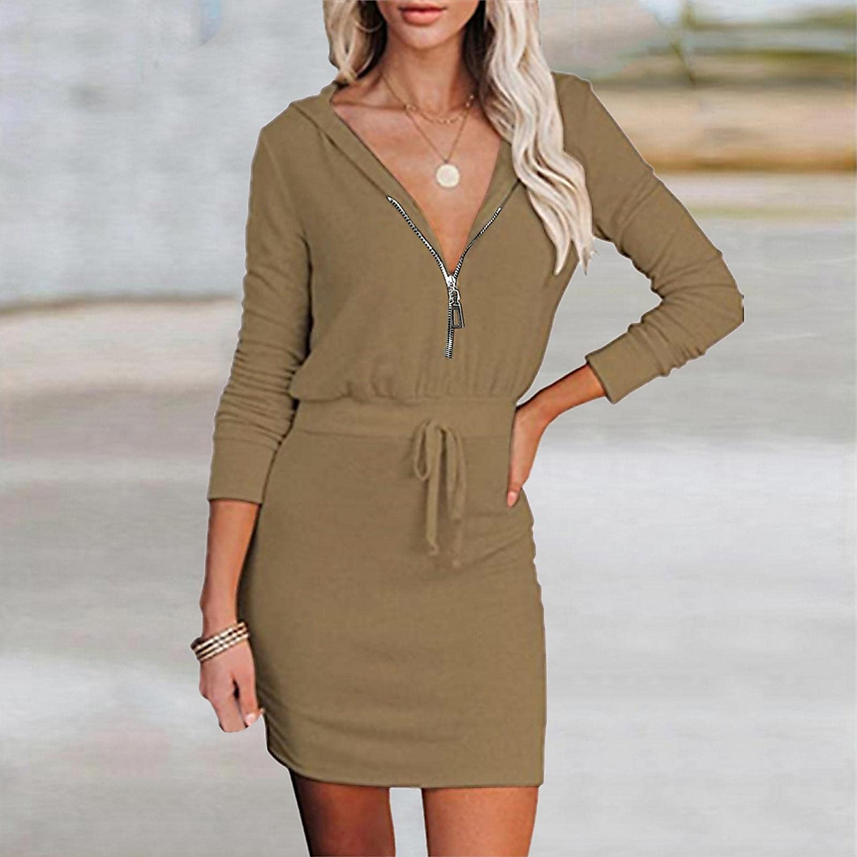 Padaleks Womens Casual Hoodie Dress Cozy Solid Long Sleeve Zipper Slim Fit Dresses Pullover Sweater with Belted