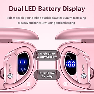 Wireless Earbuds Bluetooth Headphones 48hrs Play Back Sport Earphones with LED Display Over-Ear Buds with Earhooks Built-in Mic Headset for Workout Pink BMANI-VEAT00L