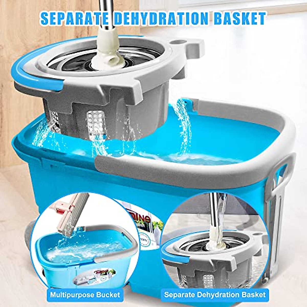 Tsmine Commercial Microfiber Spin Mop and Bucket with Wringer Set for Hardwood Floor,Kitchen Household Cleaning Tools Supplies with 6 Replacement Refills,61" Extended Handle