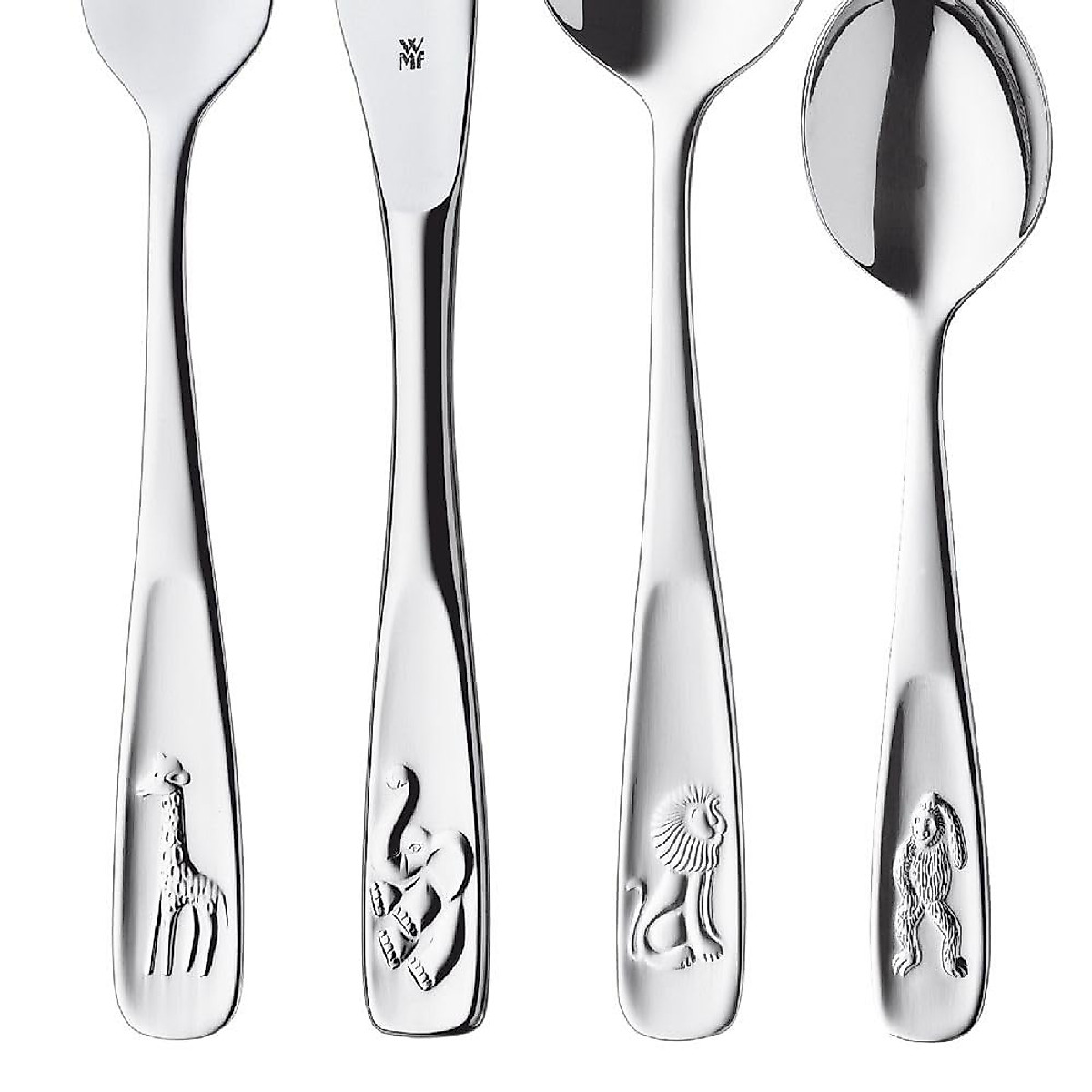 Pignr Animals Children's Cutlery, 4-Piece, from 3 Years, Cromargan Polished Stainless Steel, Dishwasher-Safe in a Gift Box with General Illustration, 4pcs, Silver