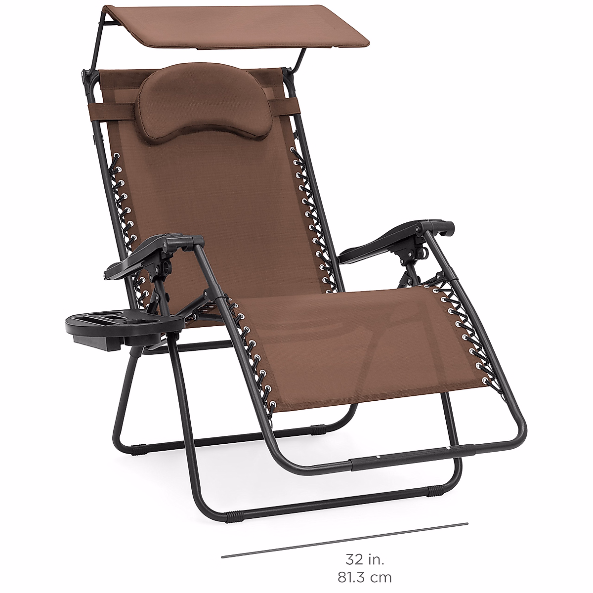 Best Choice Products Oversized Steel Mesh Zero Gravity Reclining Lounge Patio Chair w/Folding Canopy Shade and Cup Holder, Brown