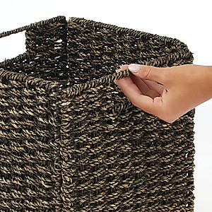 mDesign Seagrass Woven Cube Basket Organizer with Handles - Storage for Bedroom, Office, Living Room, Bathroom, Perfect for Cubby Storage Units - Hold Blankets, Magazines, Books - 4 Pack - Black Wash