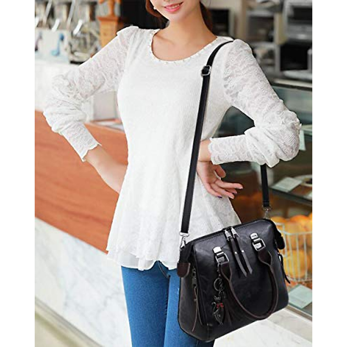 GJGJTER Synthetic PU Leather Tote for Women Satchel Crossbody Hobo 4pcs Handbags Shoulder Bags Tassel Fox Ornament-Black