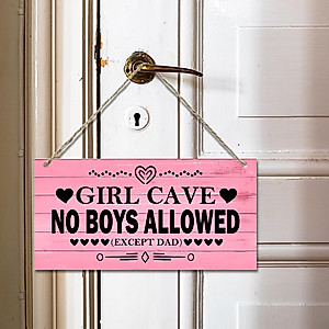 Pink Little Girl Cave Hanging Wooden Sign No Boys Allowed (Еxcept Dad) Quote Plaque Hanging Wall Art Decor for Nursery Kids Toddler Girls Bedroom Playroom Living Room Decorations 12''X 6'' (J690)
