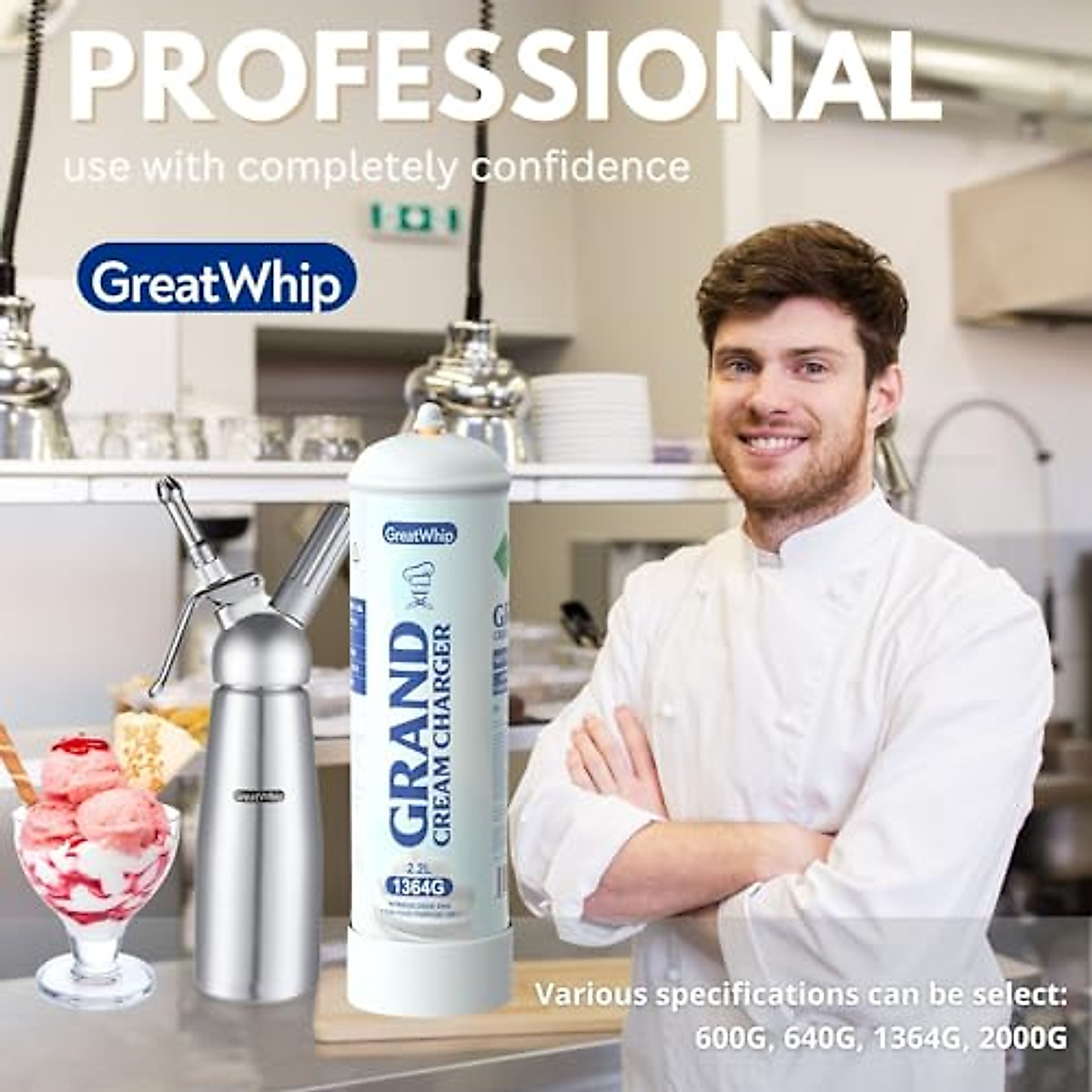 GreatWhip 2.2L Whipped Cream Charger 1364g Food Grade Nitrous Oxide Tank N2O Chargers (1 Cylinder)