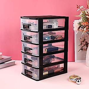 Tofficu Plastic Storage 5 Drawer Storage Tower Multifunctional Storage Cabinet with Clear Drawers Storage Case Organizer for Craft Stationary(Black)