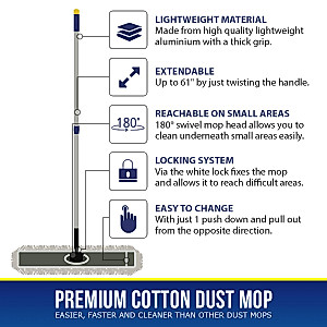 IRONGECKO Premium 24-inch Industrial Class Cotton Wide Dust Mop Head Telescopic Pole Height Max 61" | for Home, Office, Garage | Attracts Dirt, Dust, Water (24 Inch Mop)