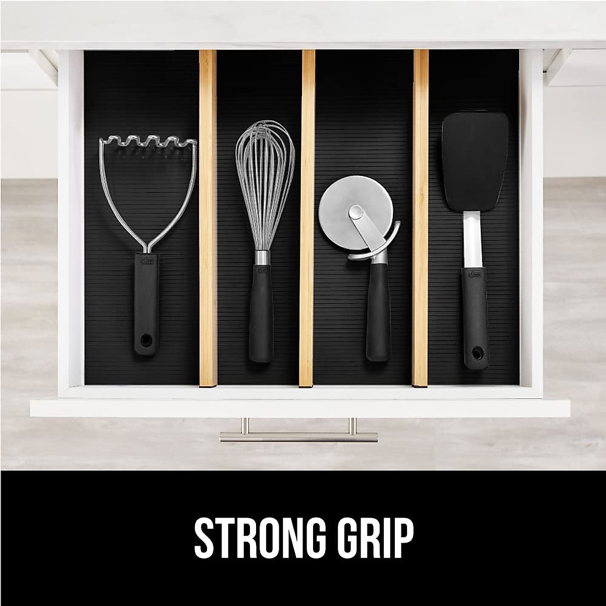 Gorilla Grip Ribbed Drawer Liner and Adhesive Removable Liner, Ribbed Liner Size 12x20, Waterproof Liner for Drawers, Adhesive Liner Size 17.5x20, Book Cover, Both in Black, 2 Item Bundle