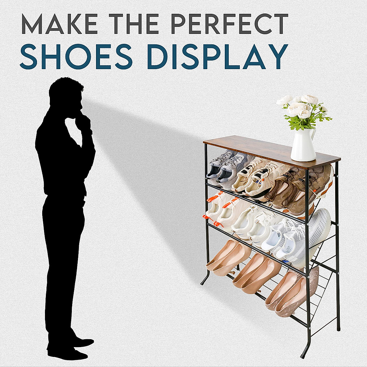 ZOES HOMEWARE Narrow Shoe Rack for Front Door Entrance,4-Tier Shoes Rack Storage Organizer with 3 Slanted Shelves and Top Shelf for Entryway,Skinny Space Saving Shoe Rack, Black