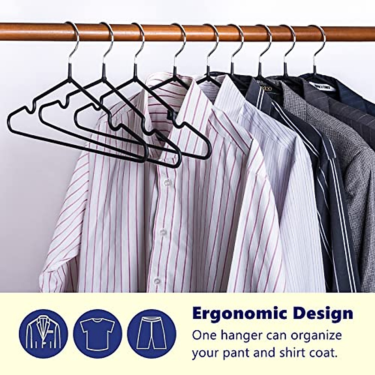 Amber Home 16" Non-Slip Rubber Coated Metal Suit Coat Hangers 20 Pack, Heavy Duty Clothes Hanger with Chrome and Black Friction, Metal Shirt Jacket Hanger with Round Notches for Dress