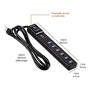 Amazon Basics 6-Outlet Surge Protector Power Strip with 2 USB Ports - 1000 Joule, Black