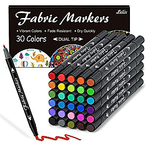 Fabric Markers, Lelix 30 Permanent Colors Dual Tip Fabric Pens for Writing Painting on T-Shirts Clothes Sneakers Canvas Pillowcases, Child Safe & Non-Toxic for Kids Adults