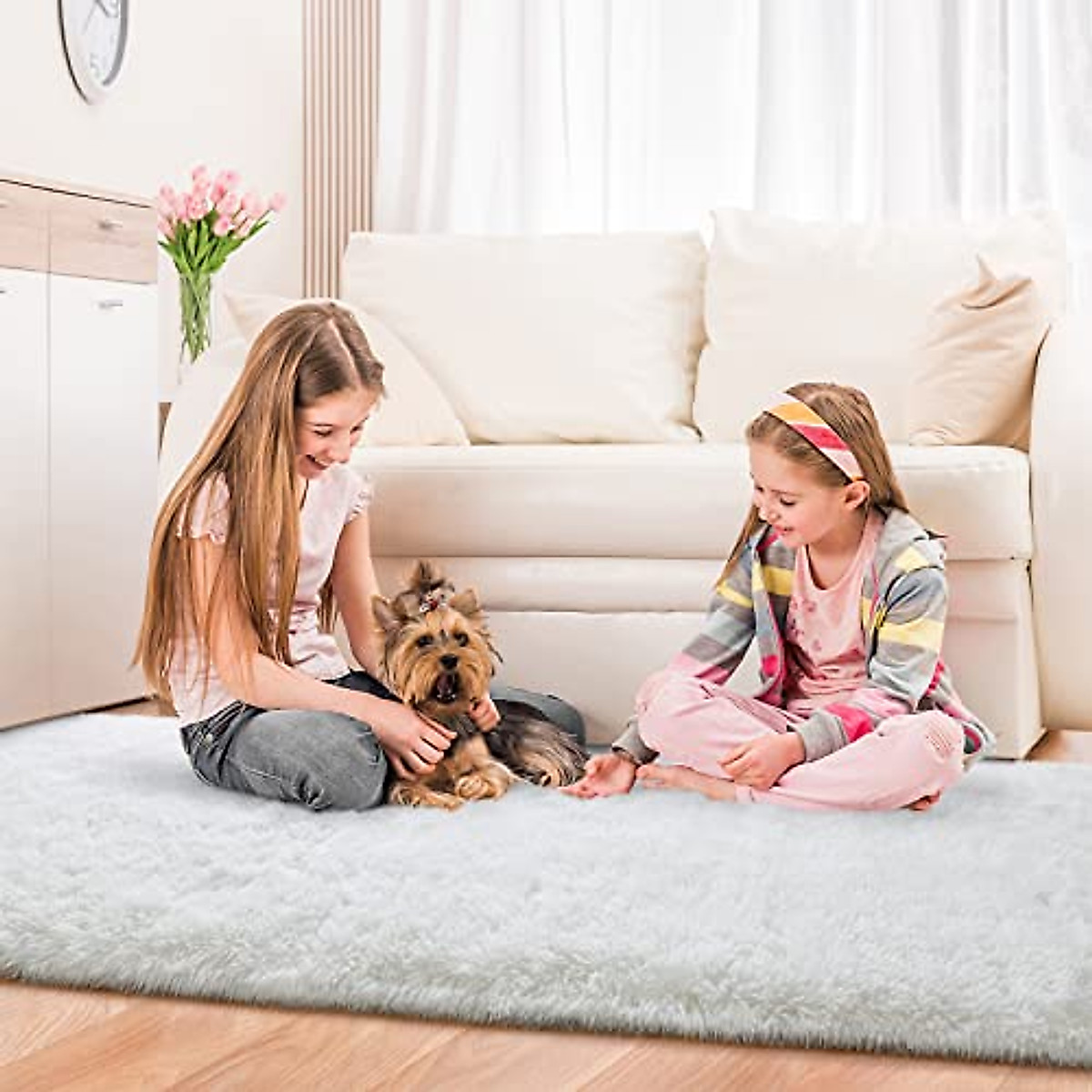 Jelymark Super Soft Shaggy Rug for Bedroom, 8x10 Feet Fluffy Carpet for Living Room, Fuzzy Indoor Plush Area Rug for Home Decor, Furry Floor Rugs for Dorm, Kids Nursery Rug for Girls, Cream White