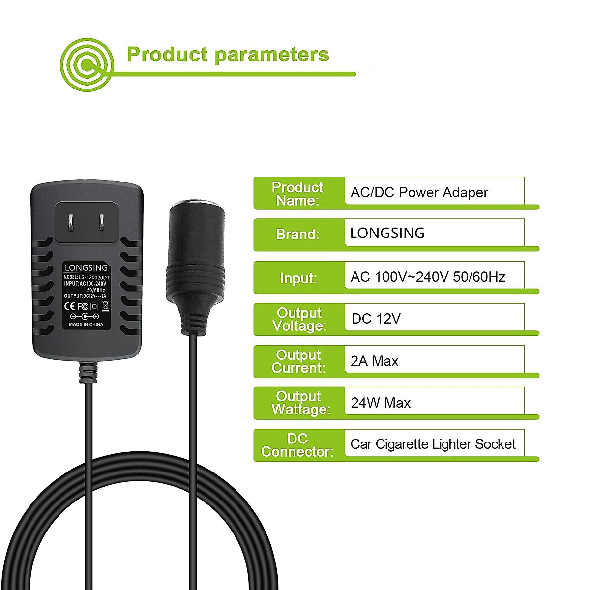 12V Power Supply AC to DC Converter Wall Plug to Car Cigarette Lighter Power Adapter, 110V-240V to 12V Current 2A Max Power 24W Max for Car Shaver Camera Speaker Echo at Home and Hotel, etc