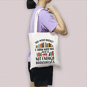 BDPWSS Book Lover Tote Bag For Women Bookworm Librarian Gift Book Club Reading Lover Reusable Shoulder Bag Funny Library Gift (Too many books TG)