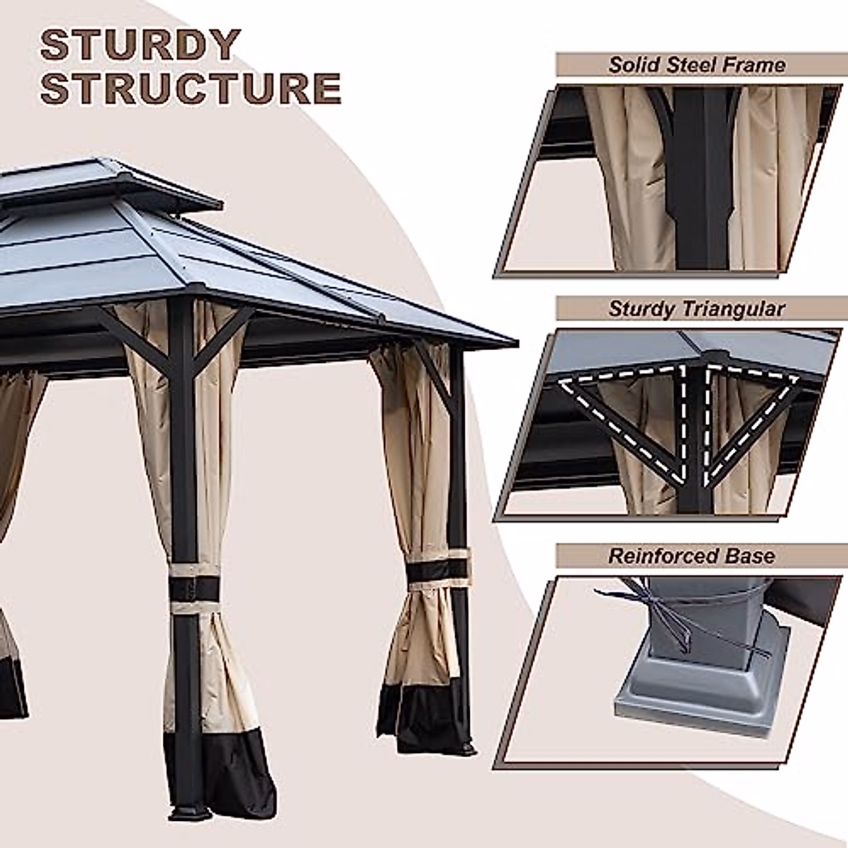 MONDAWE 10x12Ft Hardtop Gazebo Double Roof Permanent Gazebo Steel Frame Canopy Outdoor Pavilion Heavy Duty for Patio Lawn Garden with Curtains and Netting,Black