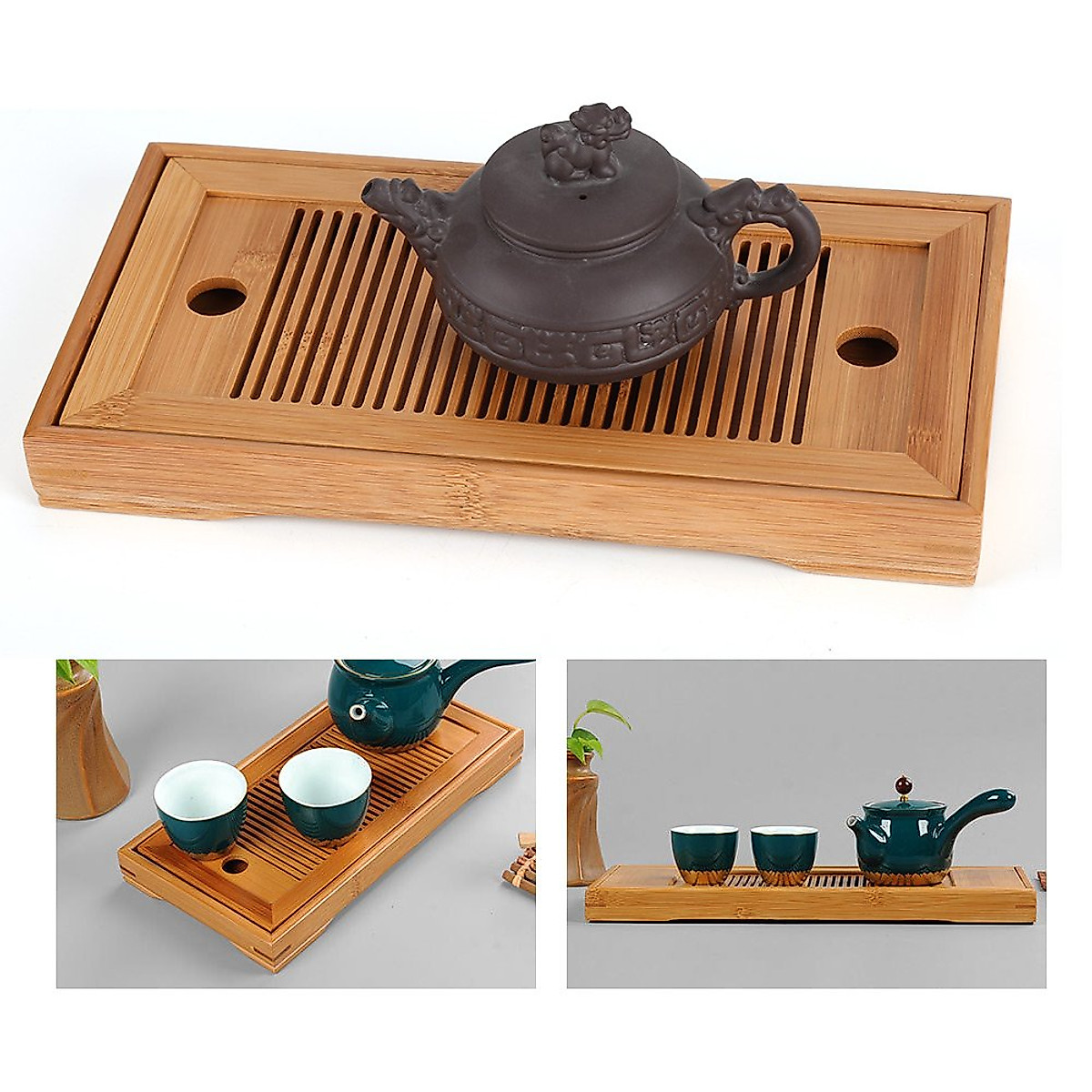 Zyyini Bamboo Tea Tray, Simple Tea Tray Premium Organic Multi-Functional Mini Bamboo Chinese Kongfu Tea Serving, Serving Tray Box Reservoir & Drainage Type for Teahouse