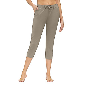 Maiyifu-GJ Women's Drawstring Elastic Waist Yoga Capri Lightweight Athletic Running Cropped Pants Comfy Soft Lounge Leggings (Light Brown,Medium)