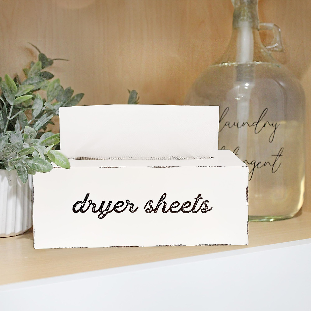 AuldHome Dryer Sheet Dispenser; Countertop Rustic White Fabric Softener Sheet Holder for Laundry Room