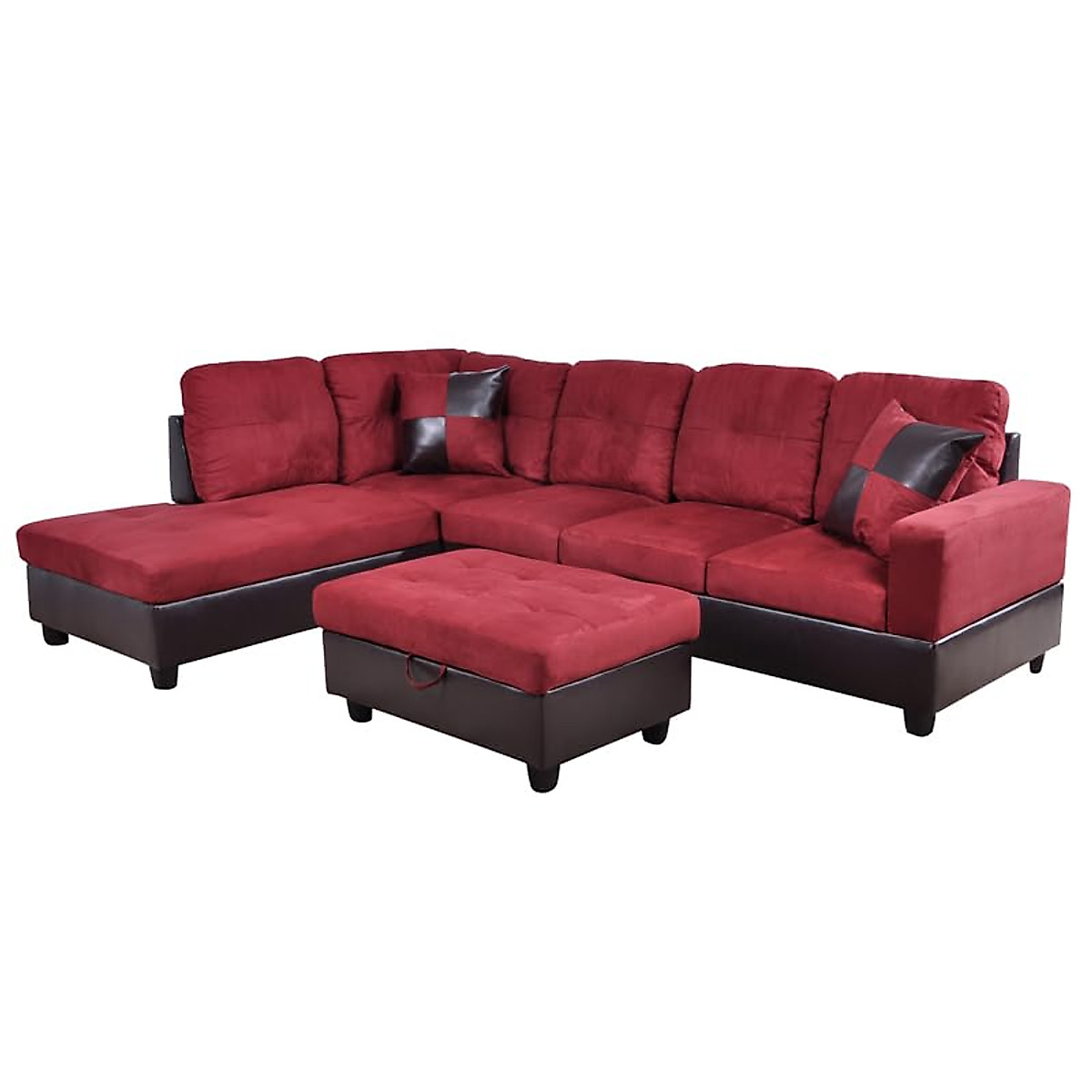 EZLUX Red Flannel and PVC L-Shaped Left Chaise Sectional Sofa Couch Set with Storage Ottoman for Living Room