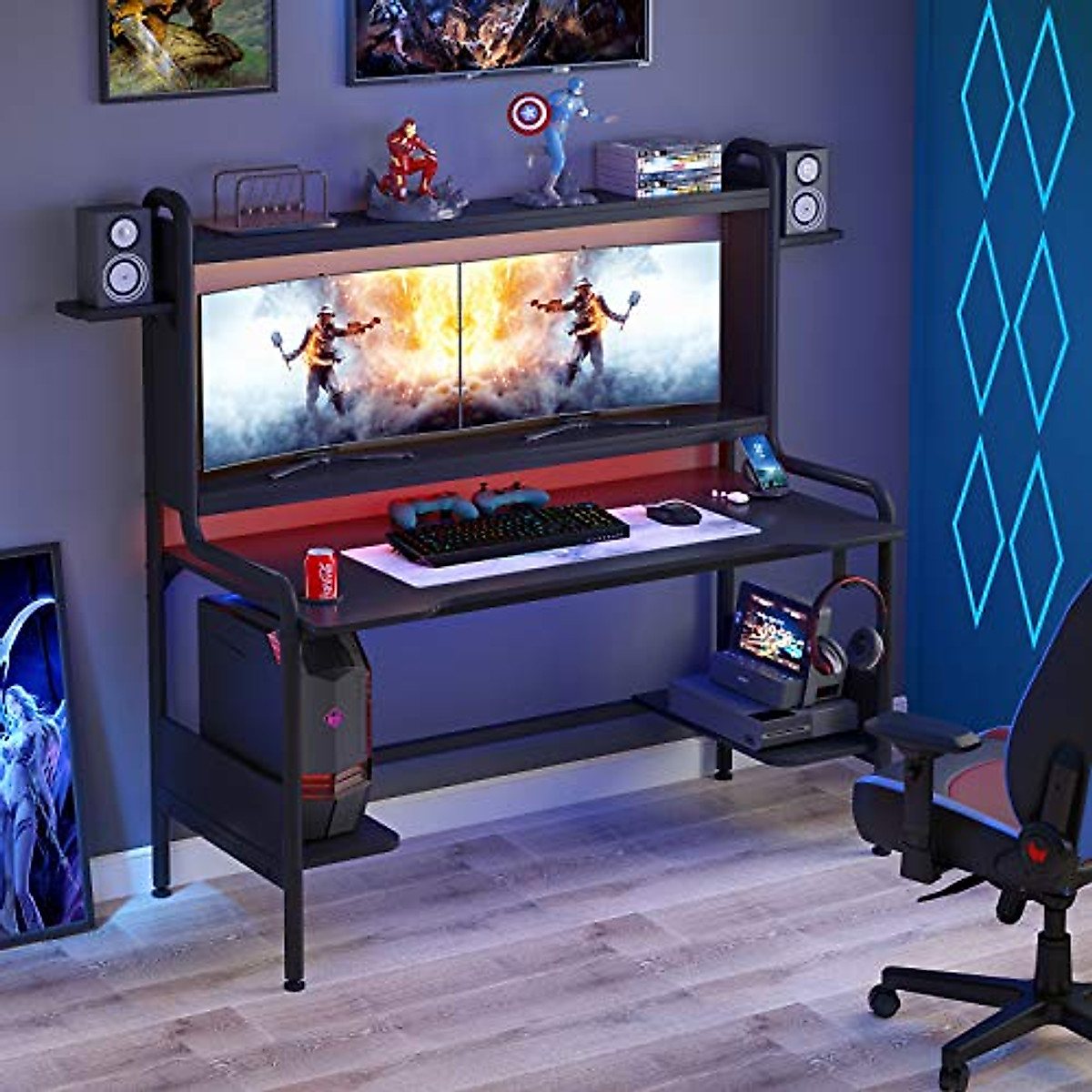 TIYASE Gaming Desk with Monitor Stand, 55 Inch Gaming Computer Desk ...