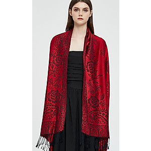 Gragengs Pashmina Shawl Wrap with Ethnic Paisley Two Tone Jacquard Scarf for Women,Paisley-Black Red