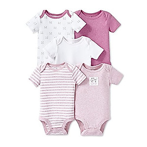 Lamaze Baby Girls' Super Combed Natural Cotton Short Sleeve Bodysuit, Snap Closure, 5 Pack, Pink and White Variety, 3 Months