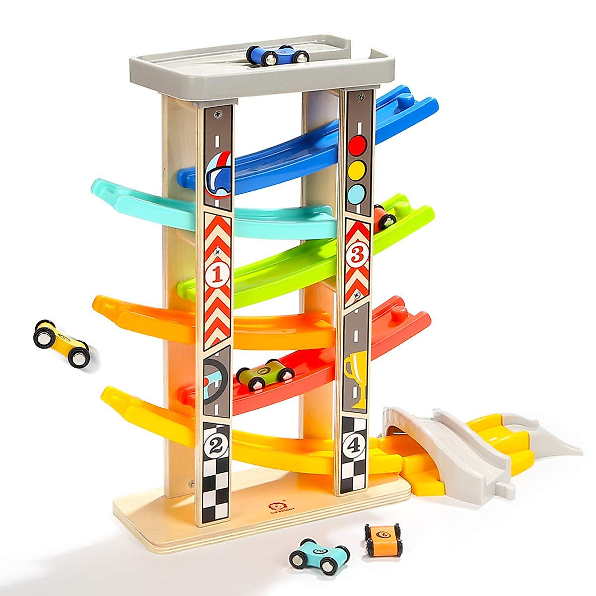 TOP BRIGHT Toddler Toys Race Track for 2 Years Old Boy Gifts - Baby Car Toy Car Ramp Vehicle Playsets with 4 Wooden Cars & Garage