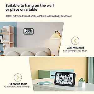 Digital Clock, Digital Wall Clock Battery Operated, Clocks with Large Display, Alarm Clock with Backlight, Desk Clock with Temperature Humidity Day Date for Bedroom Living Room Office (Black)