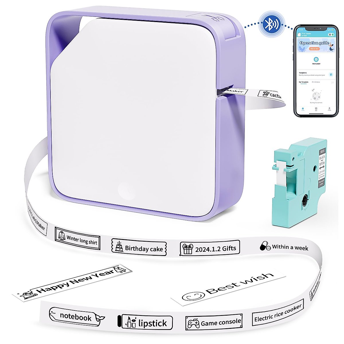 Vixic Label Maker Machine with Tape, Mini Portable Purple Label Maker Printer D1600 Connected Smartphone via Bluetooth, Multiple Stickers, Fonts, Borders for Home/School/Office Organization