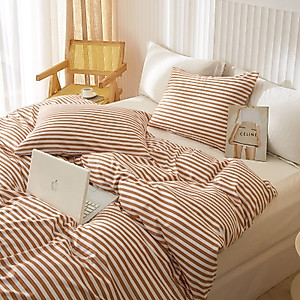 EAVD Duvet Cover Queen White and Khaki Striped Duvet Cover Soft Microfiber Modern Striped Gemetric Pattern Bedding Set with 2 Pillowcases Reversible Striped Comforter Cover with Zipper Closure