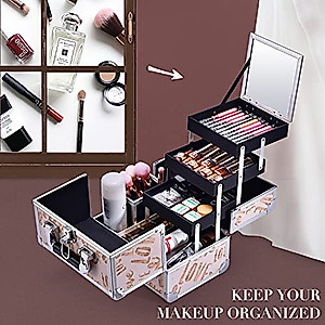 Joligrace Makeup Train Case Makeup Box Organizer Lockable with 3 Trays Portable Cosmetic Storage Case with Brush Holder & Mirror, Makeup Artist Travel Case Craft Case for Make-up or Nail Supplies