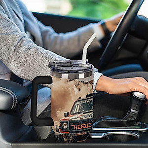 FHESDCW Off-road Racing Tumbler with Handle And Straw 40 Oz Leak Proof Large Capacity Car Cup Cupholder Friendly Stainless Steel Travel Coffee Mug Keep Cold Or Hot Black-style