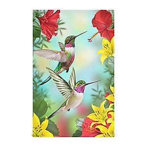 Hummingbirds Red Flowering Hibiscus Kitchen Towel Set Spring Yellow Lilies Dish Towel Set of 1 Tea Towels Large 28''x18'' Multi-Purpose Washing Cloth Home Decorative Lint-Free Dishcloths for Restaura