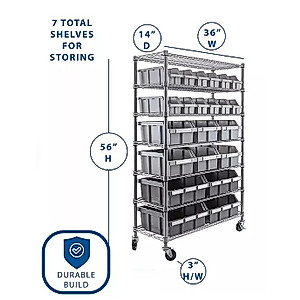 Heavy Duty Steel Wire Shelving Storage Unit, 7 Tier Bin Rack, Mobile Organizer for Garage, Warehouse, Office, Restaurant (36" W x 14" D x 56" H, 22 Bin)