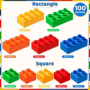 JOYIN 100 Pcs Building Blocks, Building Bricks, Toddler Classic Basic Big Duplicate Blocks, 50 Square and 50 Rectangle Toys Set for Ages 2 3 4 5 Year Old Boys Girls Christmas Birthday Gift