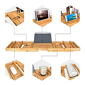 Domax Bathtub Caddy Tray Expandable Bamboo Tub Tray for Luxury Bath with Book Holder and Free Soap Dish Yellow
