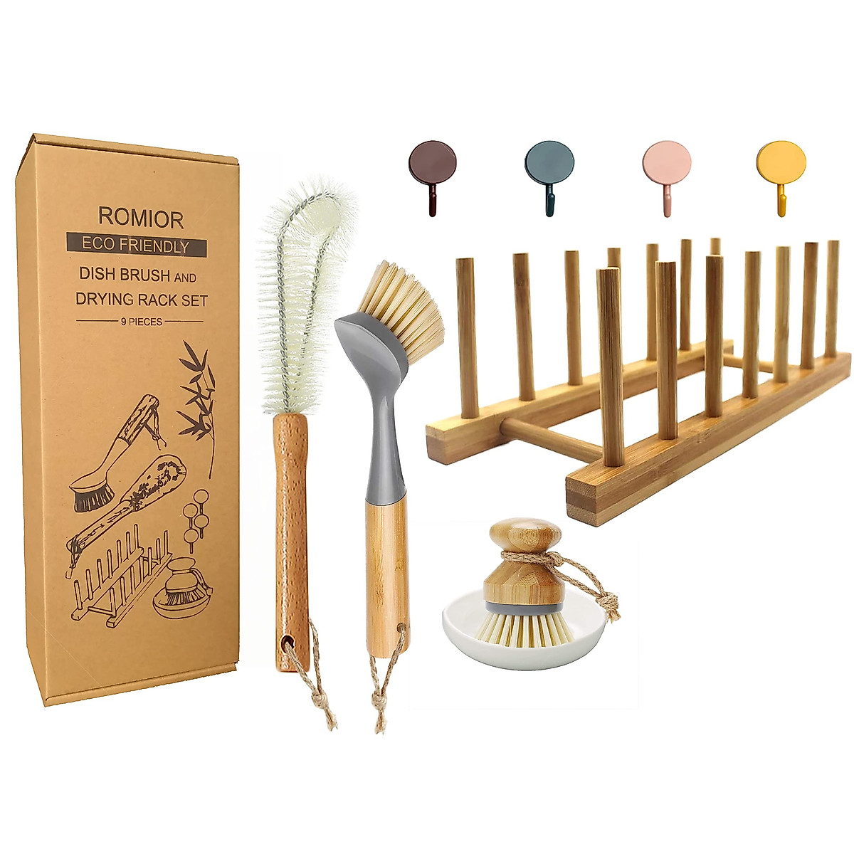 Bamboo Dish Brush&Water Bottle Drying Rack, 9-in-1 Kitchen Cleaning Set |Dish Brush&Bottle Brush with Long Handle |Mini Palm Brush with Soap Dispenser|Dish Drying Tray| Dish Drying Rack Kit