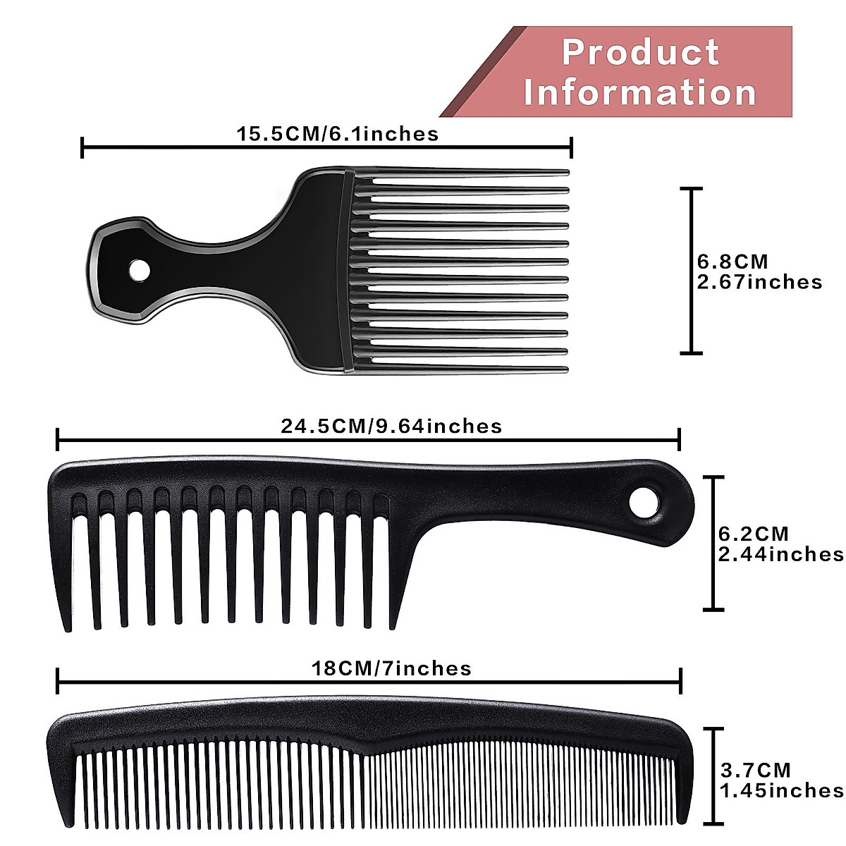 Patelai 3 Pieces Wide-Tooth Comb Detangling Shower Comb Set, Carbon Fiber Pick Barber Brush Tool for Beard, Long, Thick, Curly Afro Hair
